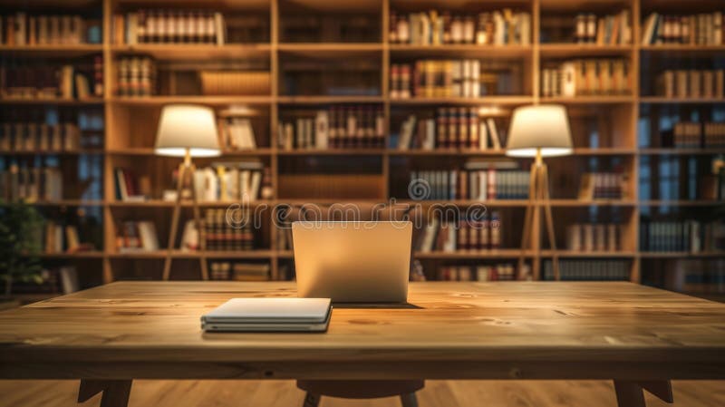 An Image of a Modern Library Setting with a Desk Full of Books, a ...
