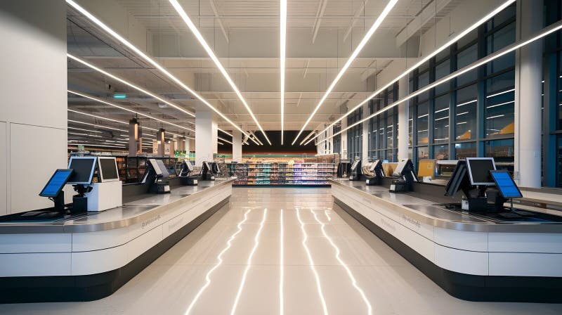 Modern Supermarket Checkout Counters with Bright Lighting and Clean ...