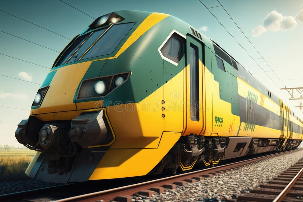 Image of Modern Train on Tracks Over Blue Sky, Created Using Generative ...