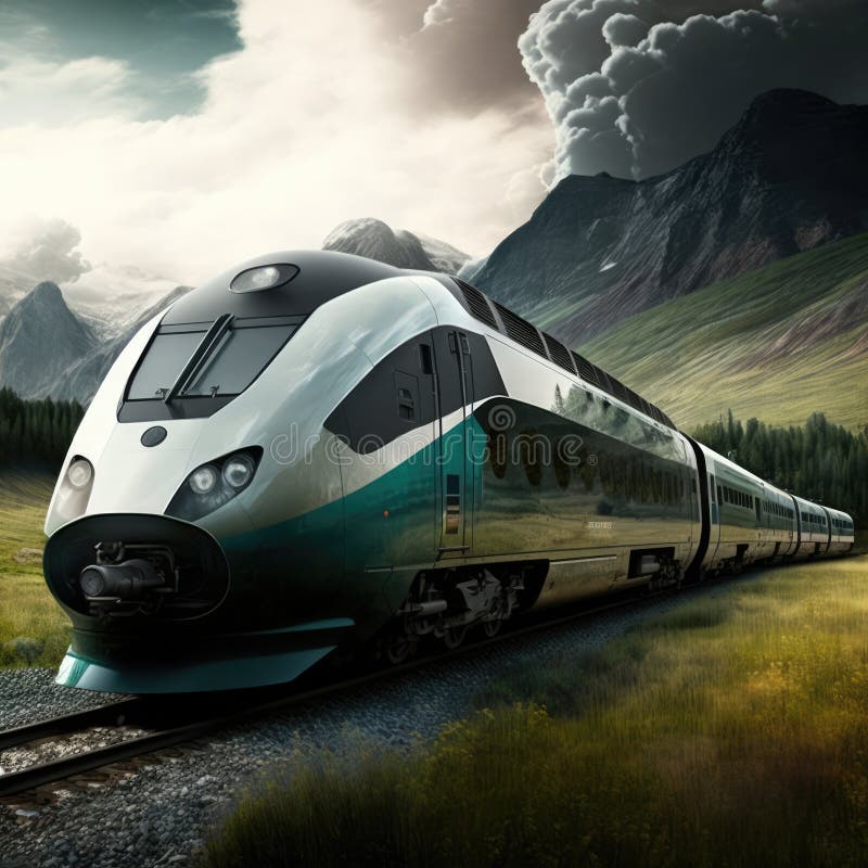 Image of Modern Train on Tracks Over Mountains and Clouds, Created ...