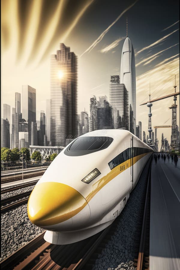 Image of Modern Train on Tracks Over Sun and Modern City, Created Using ...
