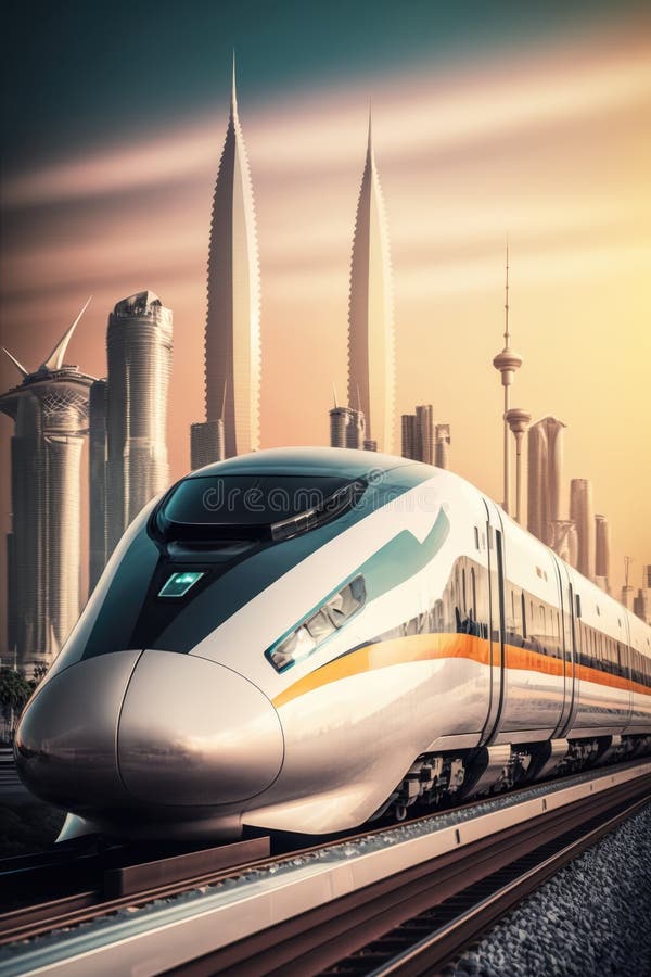 Image of Modern White Train on Tracks Over Modern Cityscape, Created ...