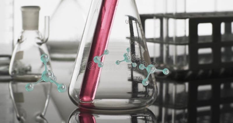 Image of Molecules Moving Over Laboratory Dishes on Grey Background ...