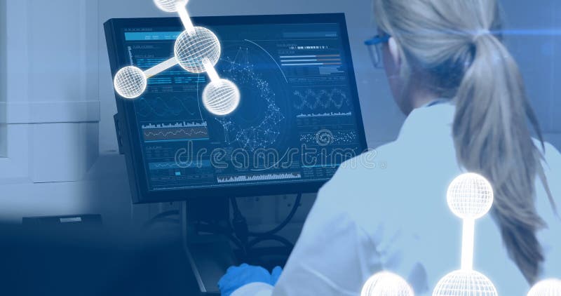 Image of Molecules Over Caucasian Female Scientists Using Computer in ...