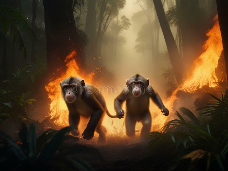 Image of Monkeys Escaping from a Burning Forest 1 Stock Illustration ...