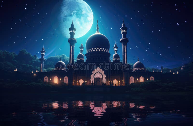 An Image of a Moon and a Castle Over a Lake Stock Photo - Image of ...