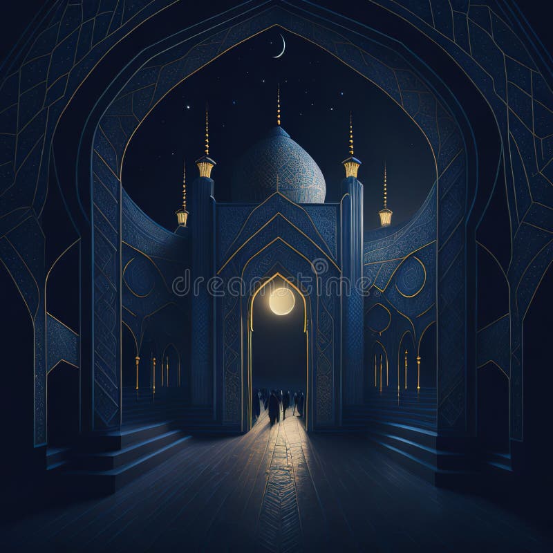 An Image of a Mosque with a Moon in the Background in Dark Enviroment ...
