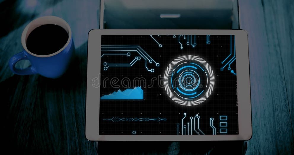 Image of Motherboard and Circular Scanner Processing Data on Screen of ...