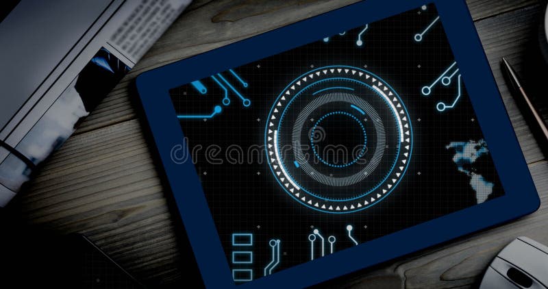 Image of Motherboard and Circular Scanner Processing Data on Screen of ...