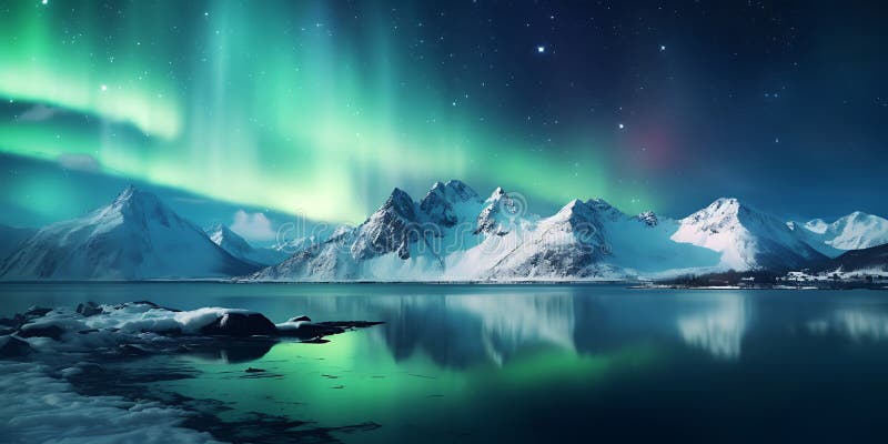 Image of Mountains and Rivers with the Aurora in the Mountain Range ...