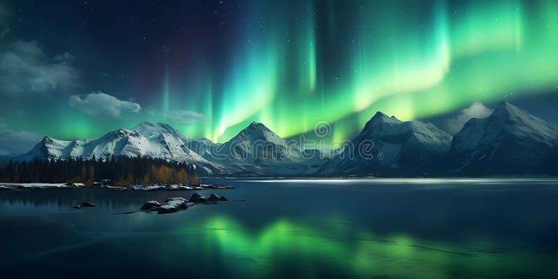 Image of Mountains and Rivers with the Aurora in the Mountain Range ...