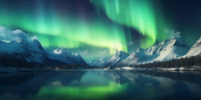 Image of Mountains and Rivers with the Aurora in the Mountain Range ...