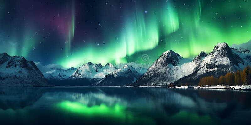 Image of Mountains and Rivers with the Aurora in the Mountain Range ...