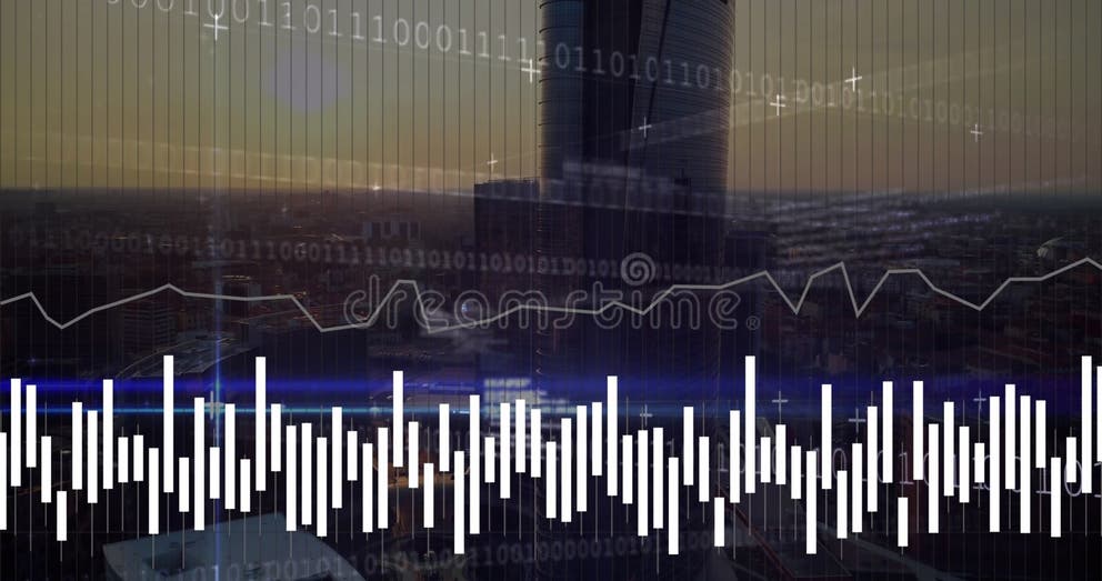 Image of Moving Bar Graphs with Computer Language Over Aerial View of ...