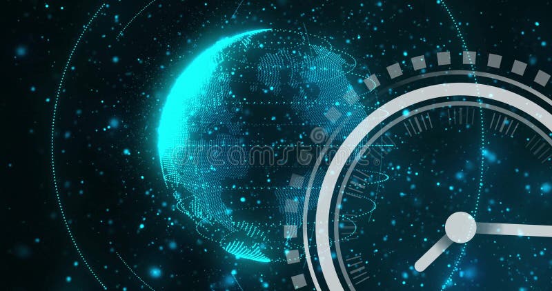 Image of Moving Clock Over Globe and Light Spots on Black Background ...