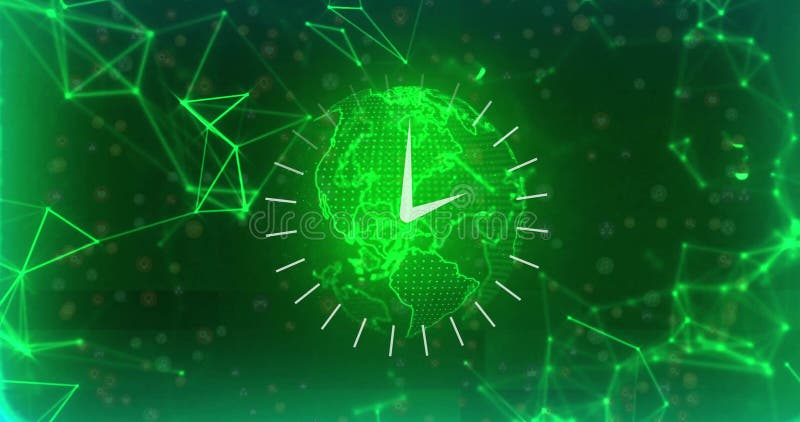 Image of Moving Clock Over Globe and Network of Connections on Black ...