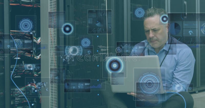 Image of Moving Screens Over Caucasian Male Server Room Worker Stock ...