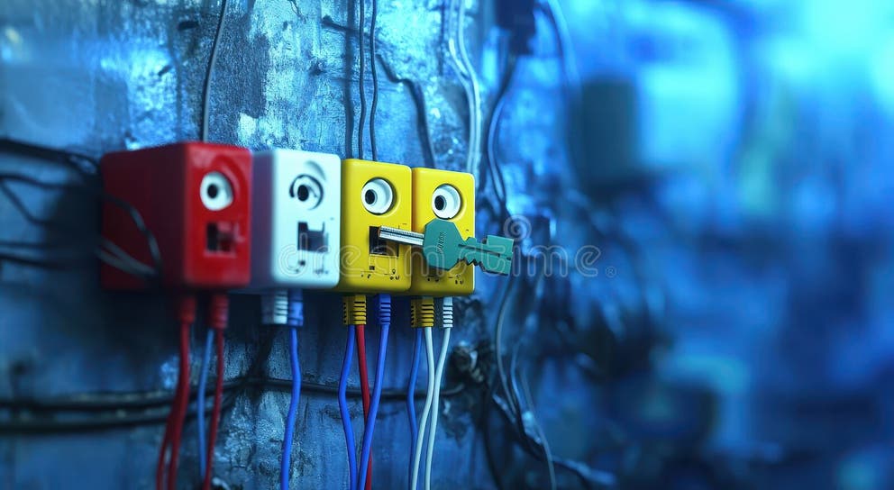 Colorful Electrical Sockets with Glowing Key in an Industrial Setting ...