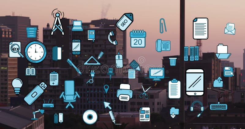 Image of Multiple Business Concept Digital Icons Against Aerial View of ...