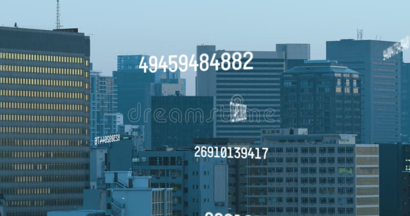 Image of Multiple Changing Numbers Against Aerial View of Cityscape ...