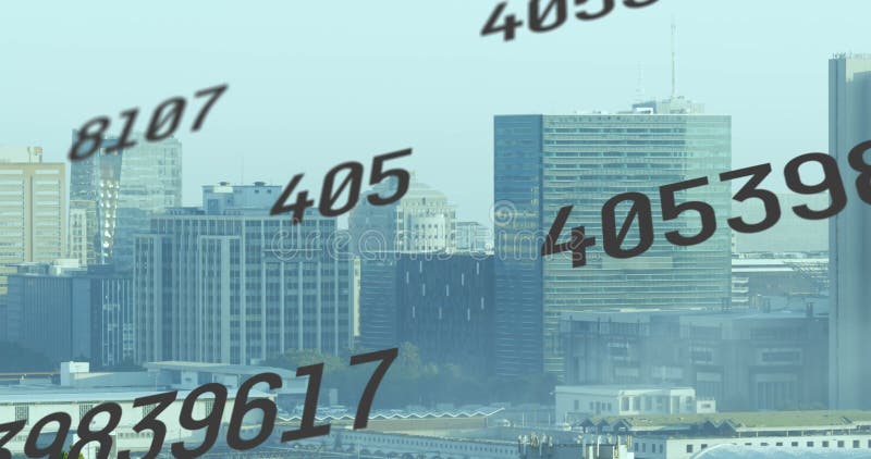 Image of Multiple Changing Numbers Against Aerial View of Cityscape ...