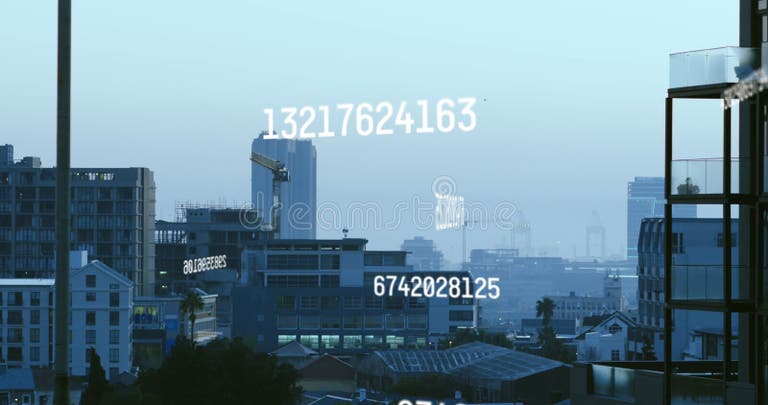 Image of Multiple Changing Numbers Against Aerial View of Cityscape ...