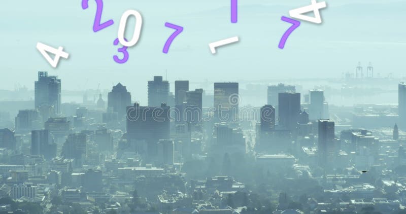 Image of Multiple Changing Numbers Floating Against Aerial View of ...