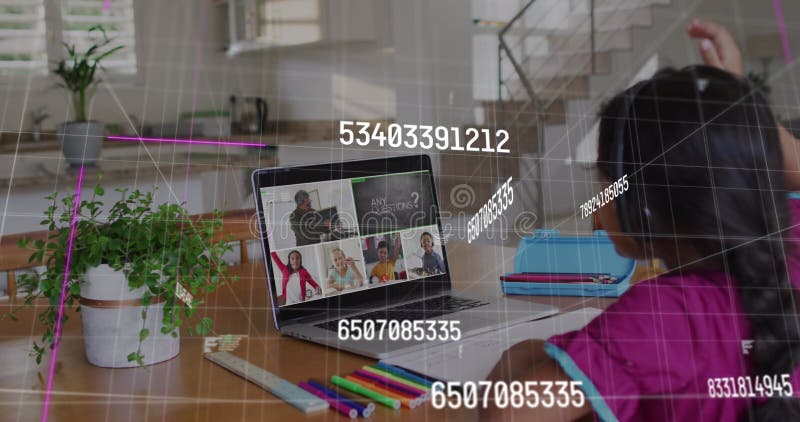 Image of Multiple Changing Numbers, Letters Over Diverse Students Group Studies on Image Call ...