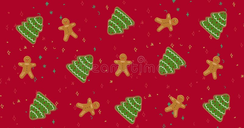 Image of Multiple Christmas Tree and Cookie on Red Background Stock ...