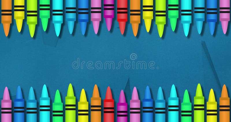 Image of Multiple Colourful Crayons on Top and Bottom Over Blue ...