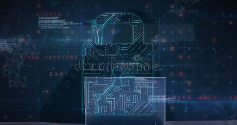 Image of Multiple Computer Screens, Online Security Padlock Over Hacker Using Computer Stock ...