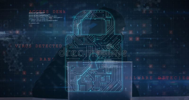 Image Of Multiple Computer Screens Online Security Padlock Over Hacker