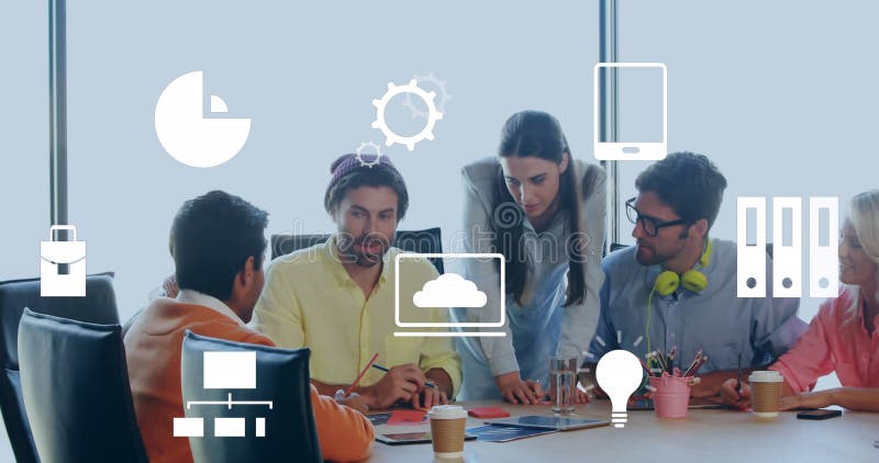 Image of Multiple Digital Icons Against Diverse Colleagues Discussing ...