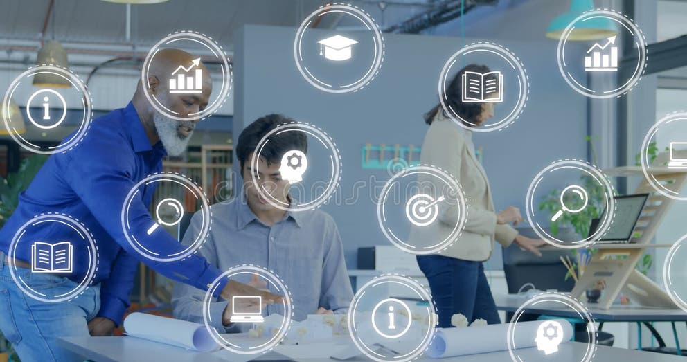 Image of Multiple Digital Icons Against Two Diverse Men Discussing at ...