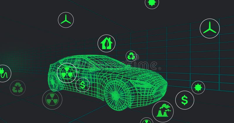 Image of Multiple Digital Icons Floating Over 3d Car Model Moving in ...