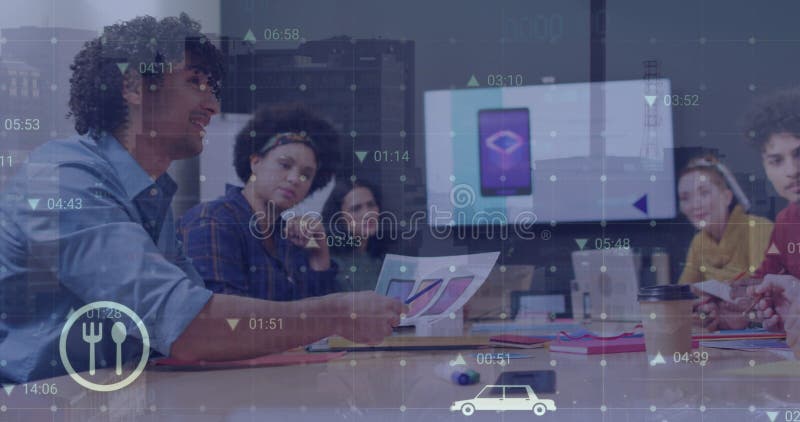 Image of Multiple Digital Icons Over Biracial Man Discussing with ...