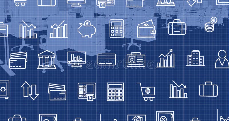 Image of Multiple Digital Icons Over Grid Network Against 3d Office ...