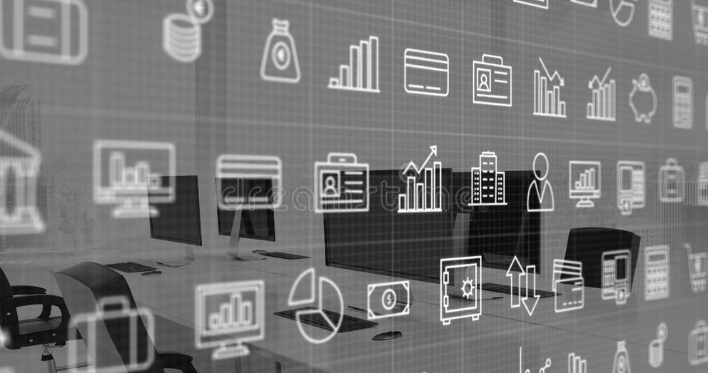 Image of Multiple Digital Icons Over Grid Network Against Empty Office ...
