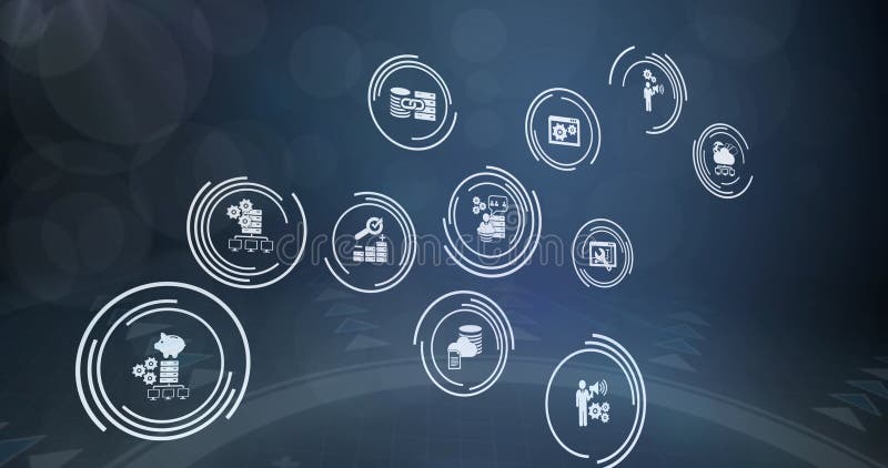 Image of Multiple Digital Icons Over Round Scanner and Light Spot ...