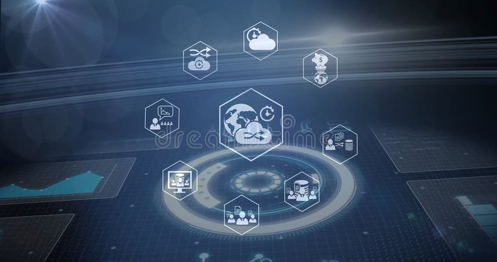 Image of Multiple Digital Icons Spinning Over Interface with Data ...
