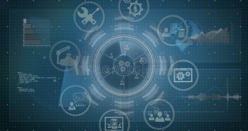 Image of Multiple Digital Icons Spinning Over Interface with Data ...