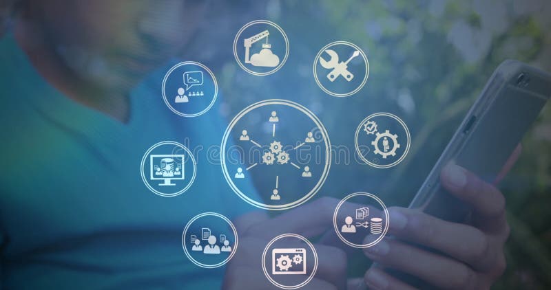 Image of Multiple Digital Icons Spinning Over Mid Section of Biracial ...