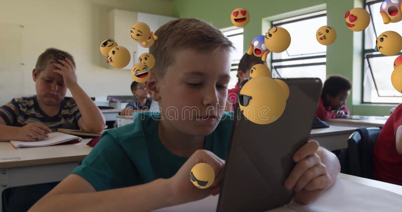 Image of Multiple Emoticons Floating Over Diverse Students Studying and ...