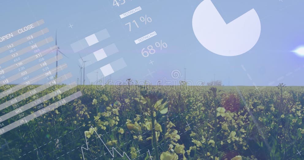 Image of Multiple Graphs and Data with Flared Light Moving Over Lush ...