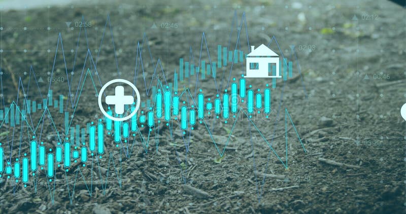 Image of Multiple Graphs with Icons Over Close-up of Rakes Grading Soil ...