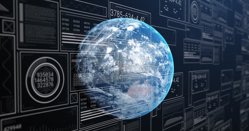 Image of Multiple Graphs, Loading Circles and Bars with Changing Numbers Over Rotating Globe ...