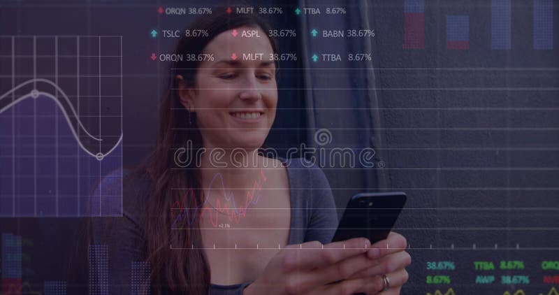 Image of Multiple Graphs and Trading Boards, Caucasian Woman Sitting ...