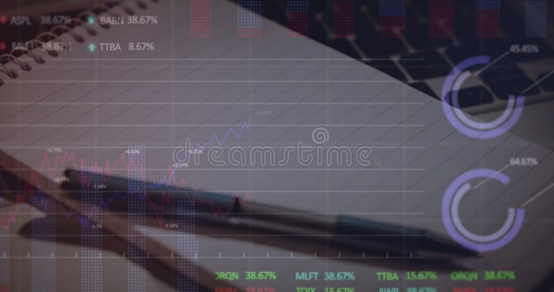 Image of Multiple Graphs and Trading Boards Over Pen on Notepad with ...