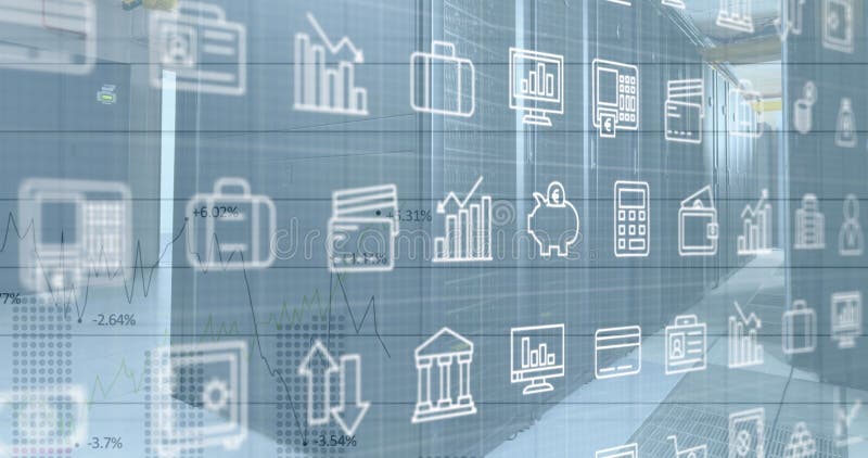 Image of Multiple Icons, Graphs with Changing Numbers Over Data Server ...