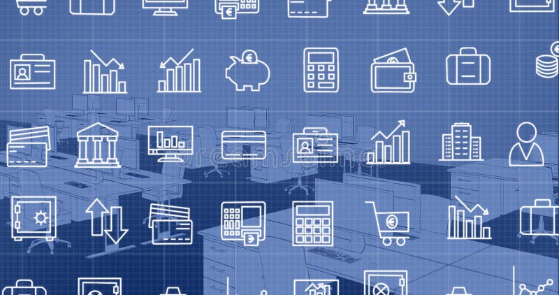 Image of Multiple Icons and Grid Pattern Over 3d Model of Digital ...